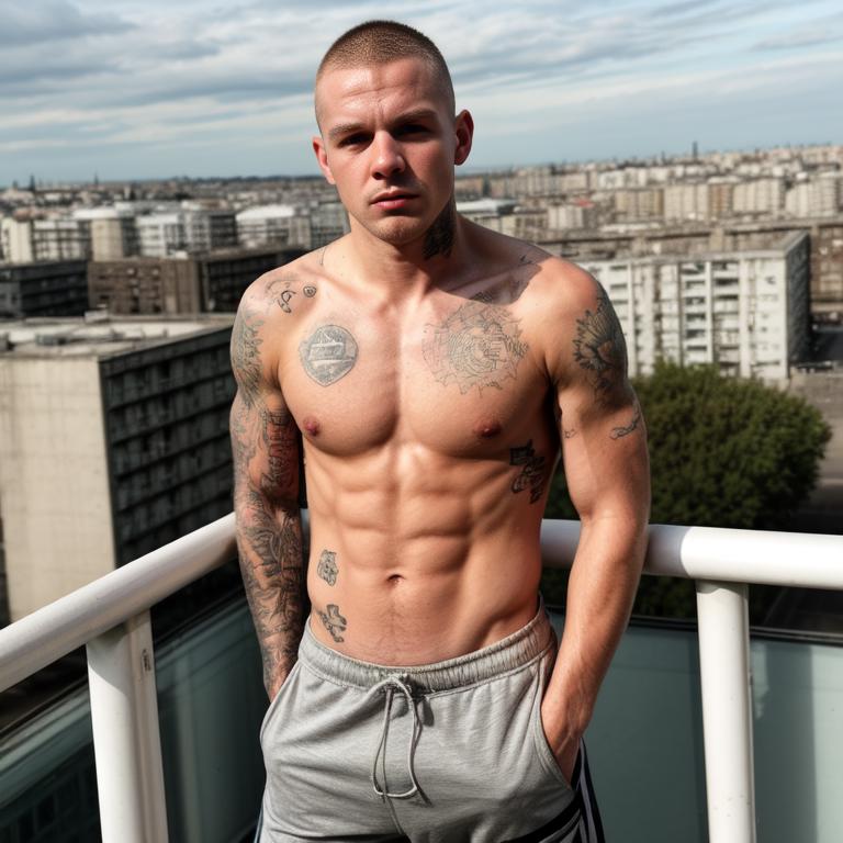 A shirtless man standing on a balcony with a city in the background ...