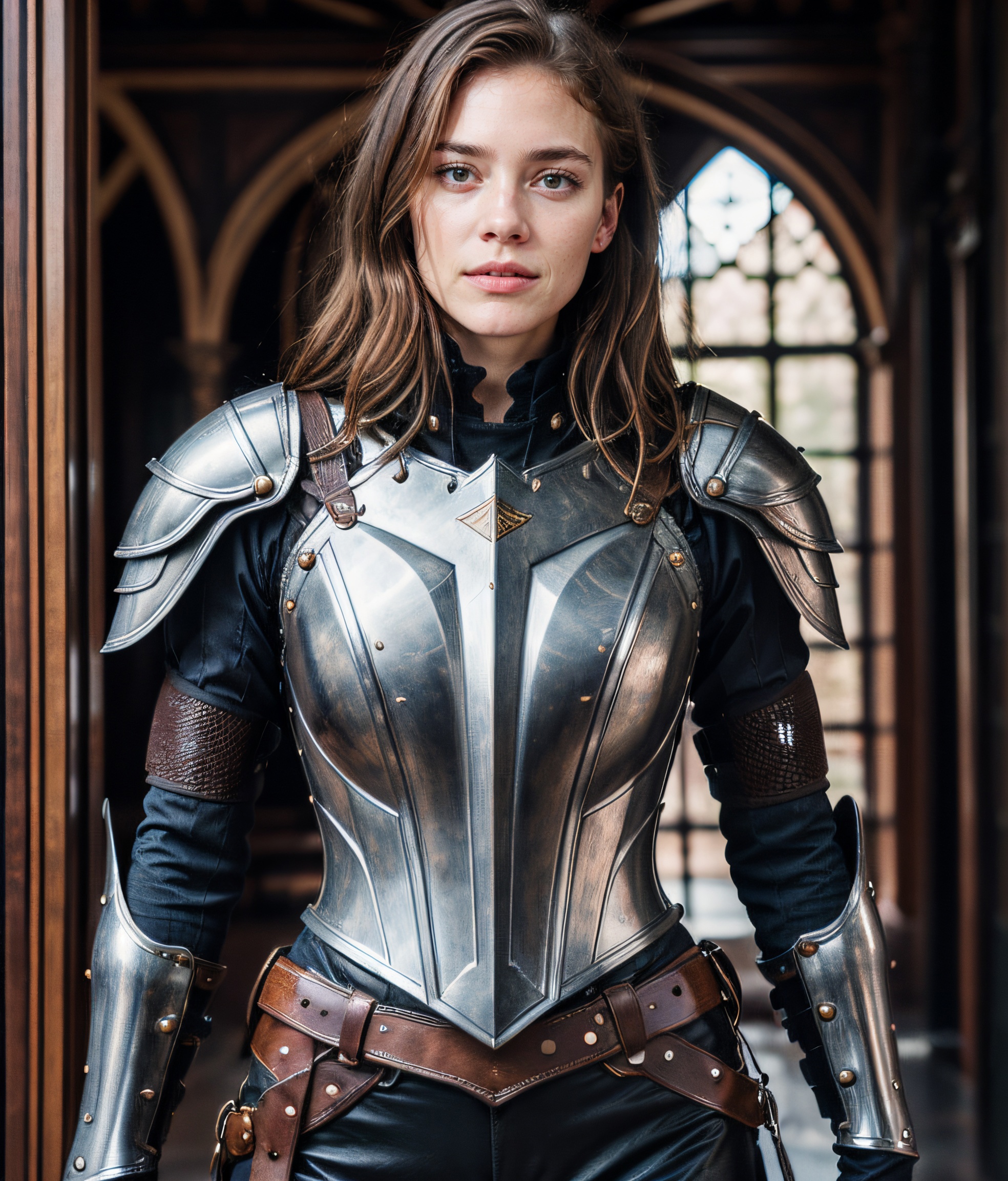 A woman in armor poses for a photo in a building - SeaArt AI