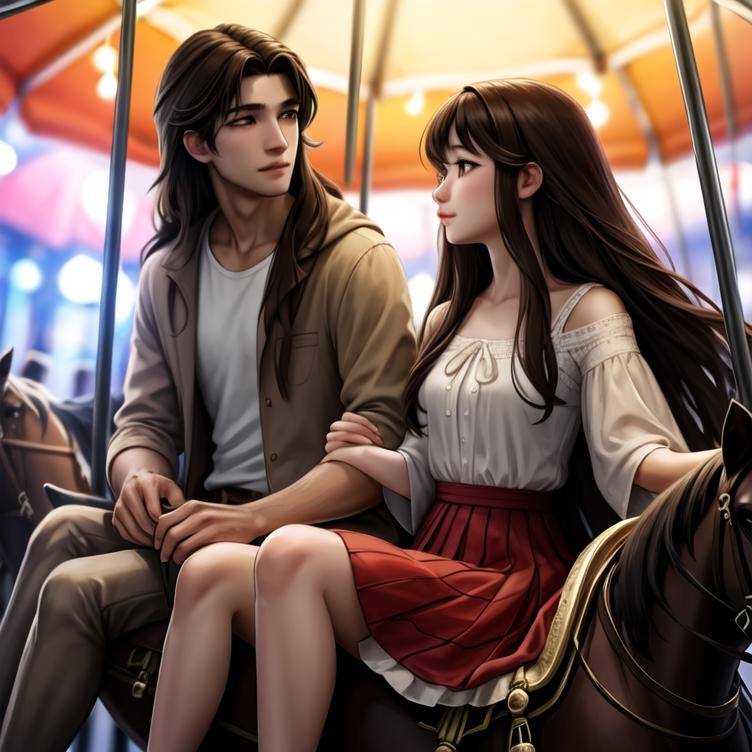 Anime couple riding on a carousel together in a carousel - SeaArt AI