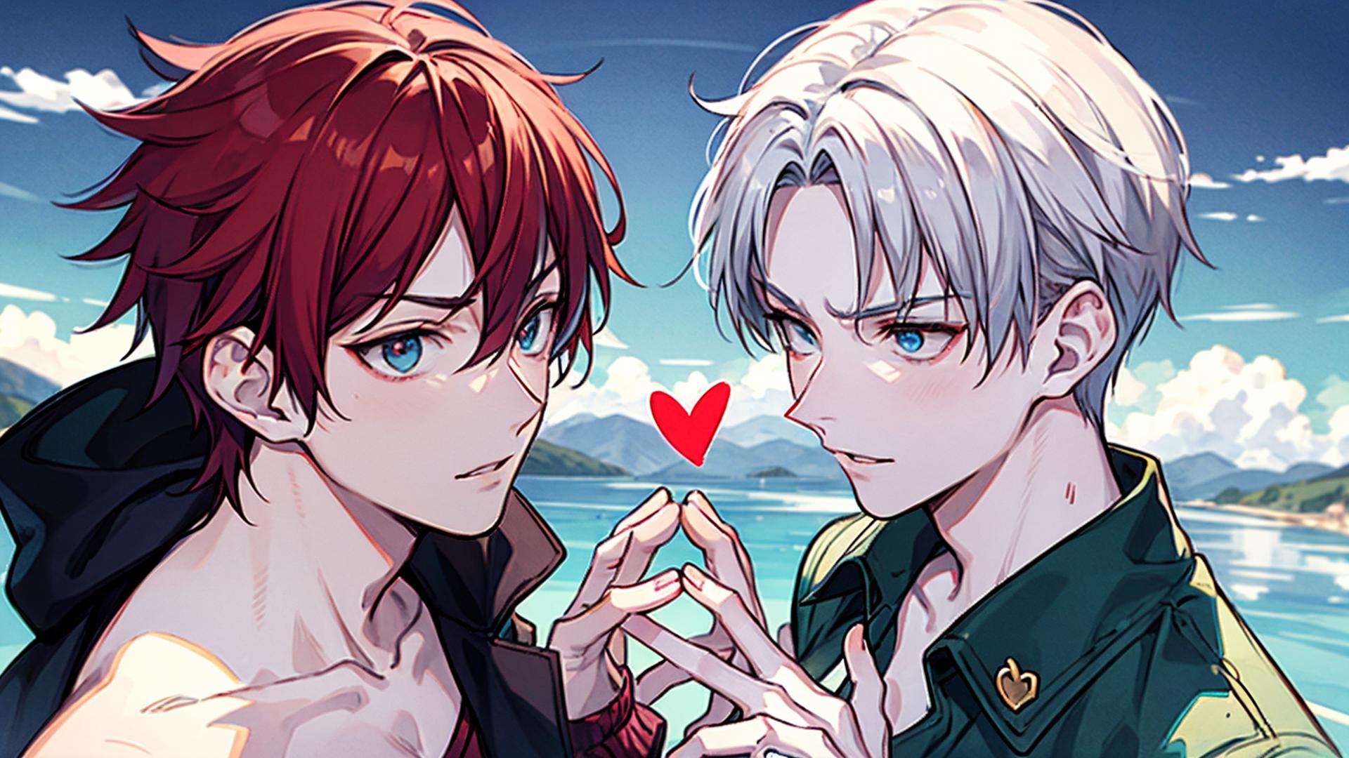 Two anime characters are touching hands with a heart in the middle ...
