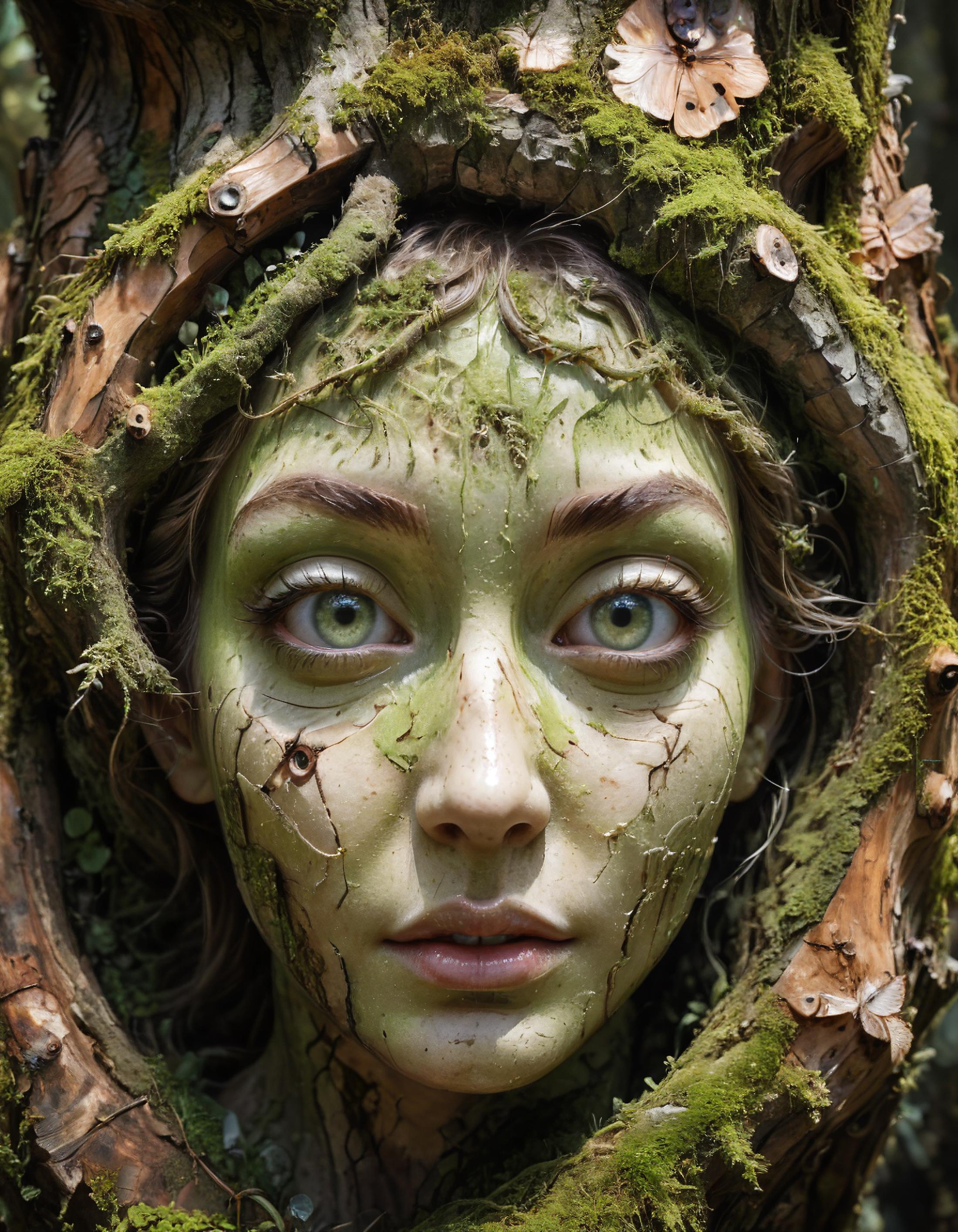 A close up of a statue of a woman with moss on her face - SeaArt AI