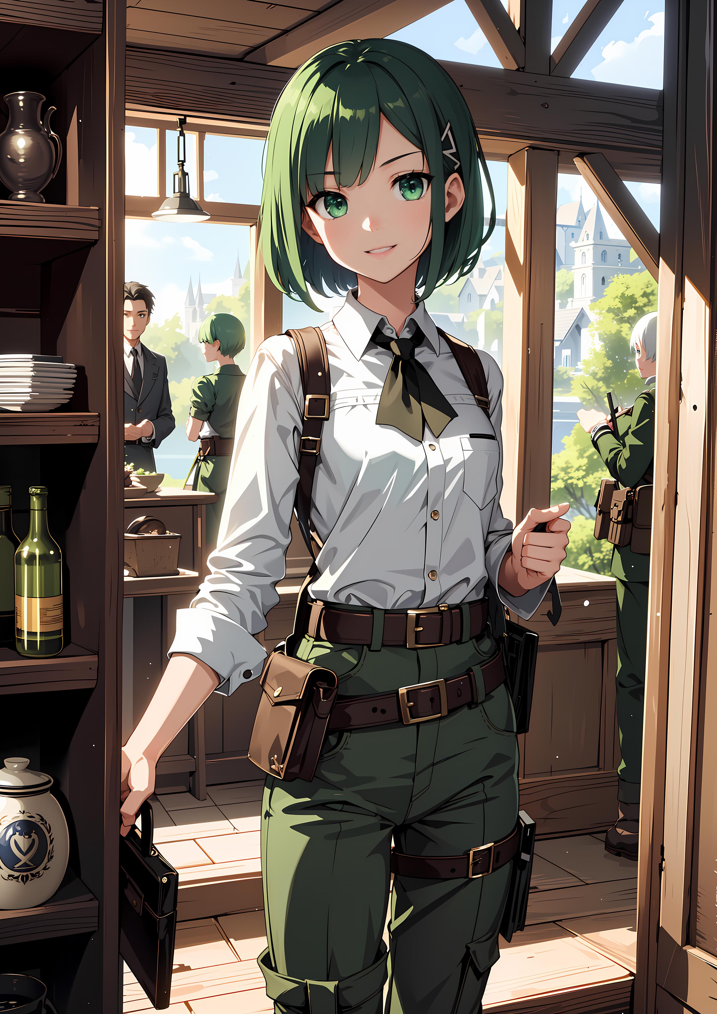 Anime girl in uniform holding a gun in a kitchen - SeaArt AI