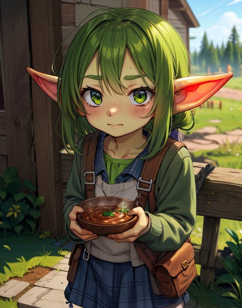 A little goblin girl with green skin, both mischievous and mischievous ...