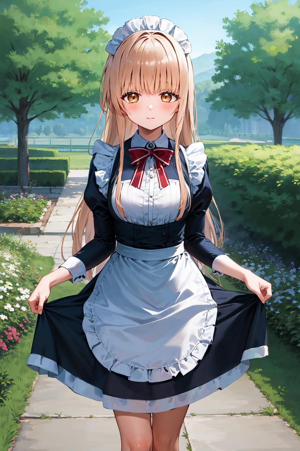 Anime girl in maid outfit walking down a path in a park - SeaArt AI