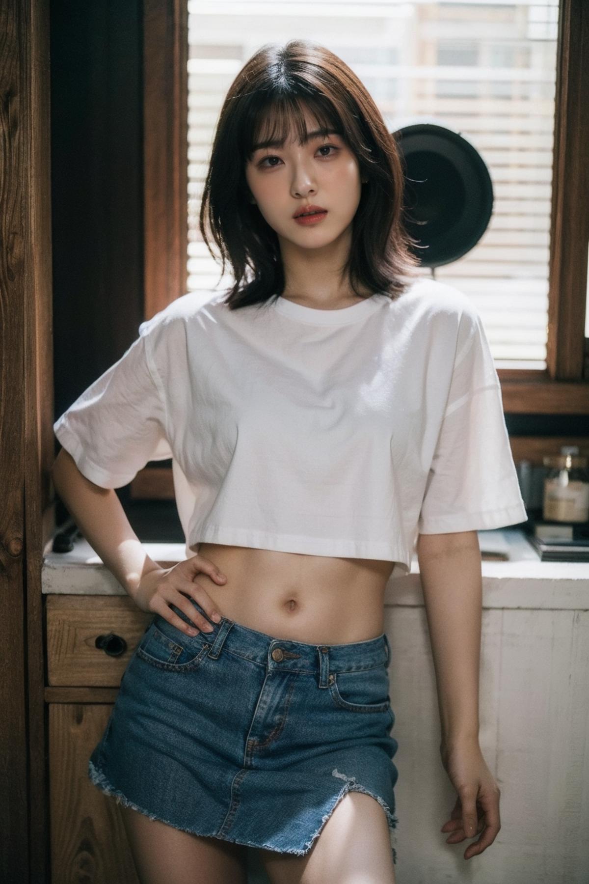 A woman in a white shirt and denim shorts posing for a picture - SeaArt AI