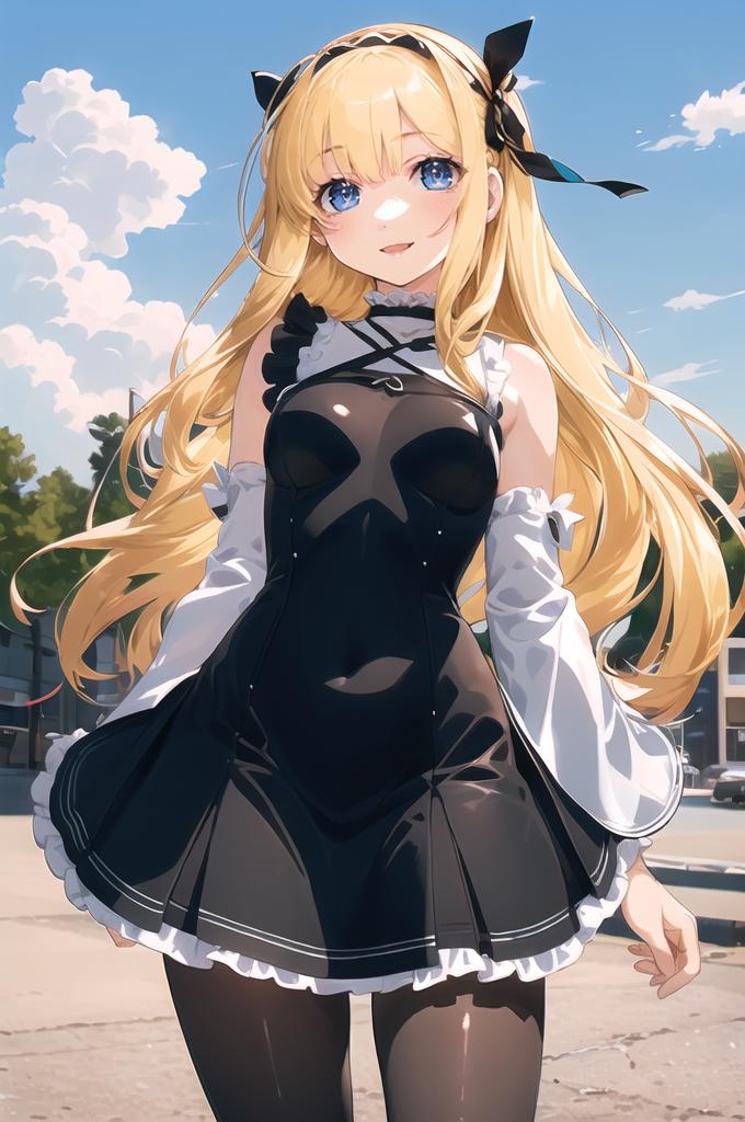 A woman in a black and white dress standing on a street - SeaArt AI