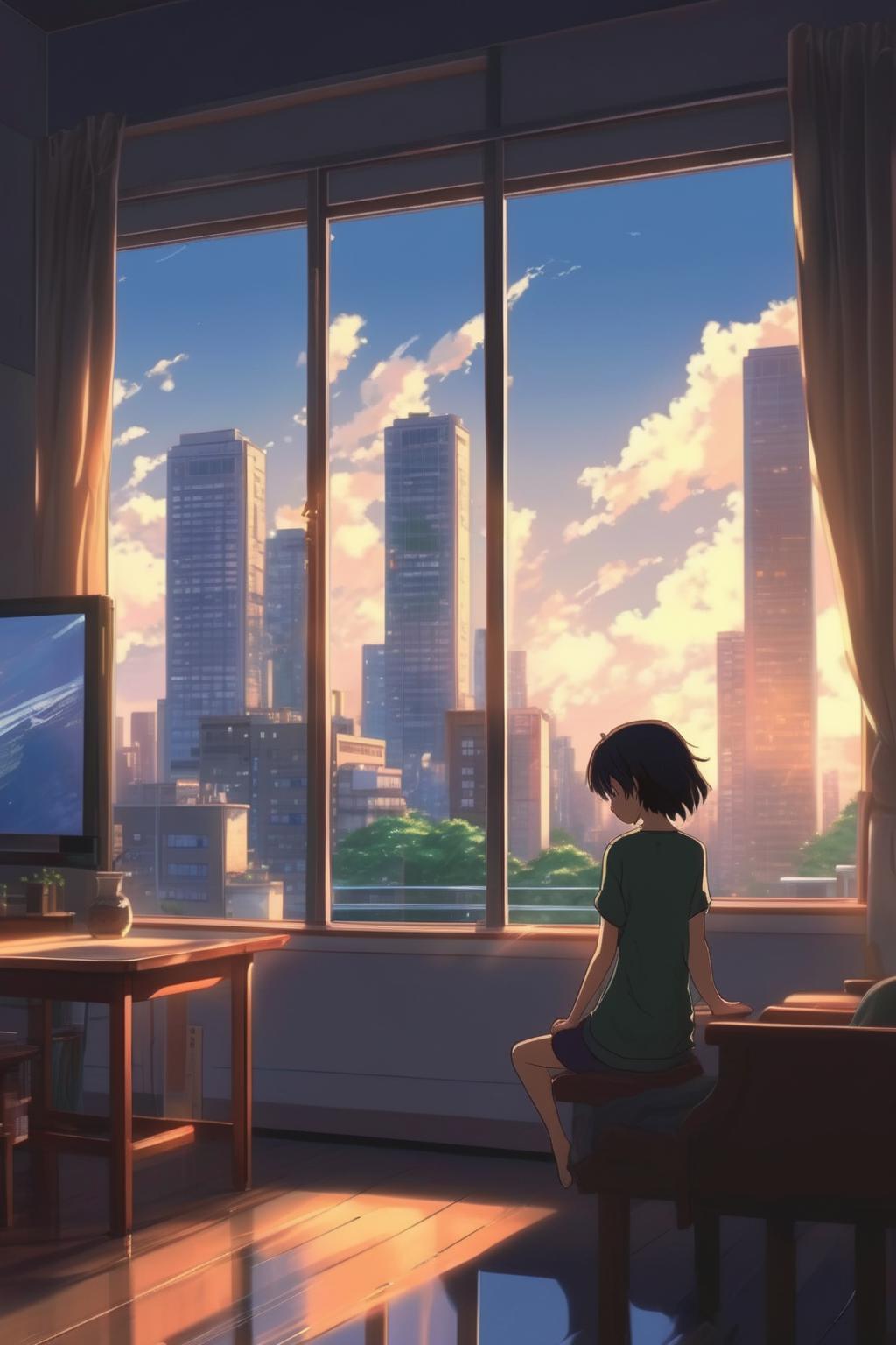 Anime girl sitting on a chair looking out a window at the city - SeaArt AI