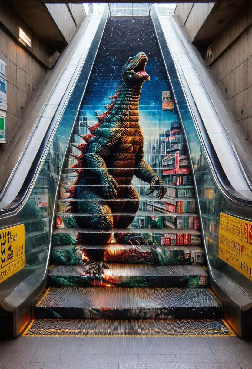 A close up of a giant godzilla on an escalator in a building - SeaArt AI