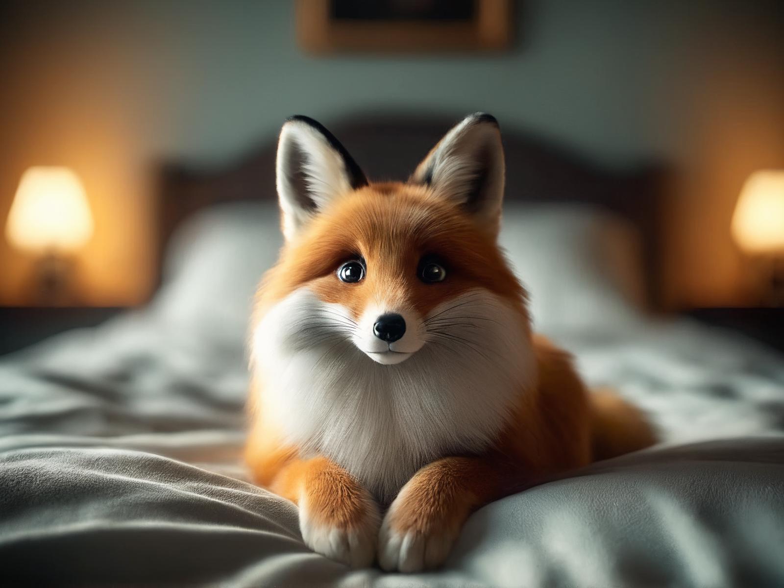 Arafed fox laying on a bed with a light on - SeaArt AI