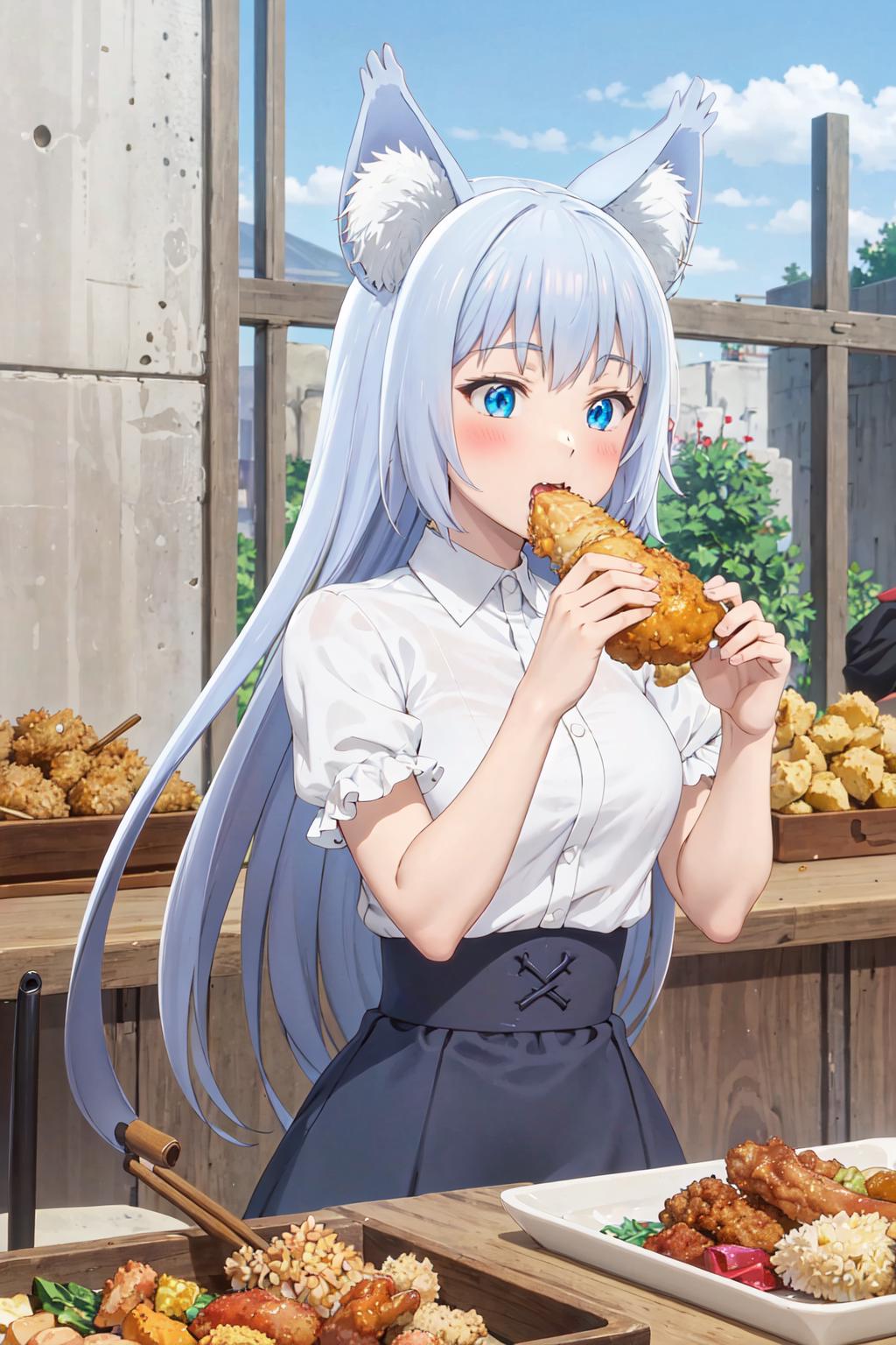 Anime girl eating a piece of food in front of a table full of food ...