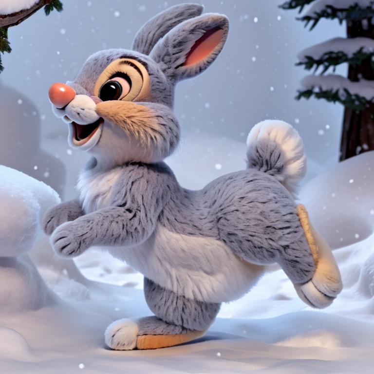 A close up of a stuffed rabbit in the snow near a tree - SeaArt AI