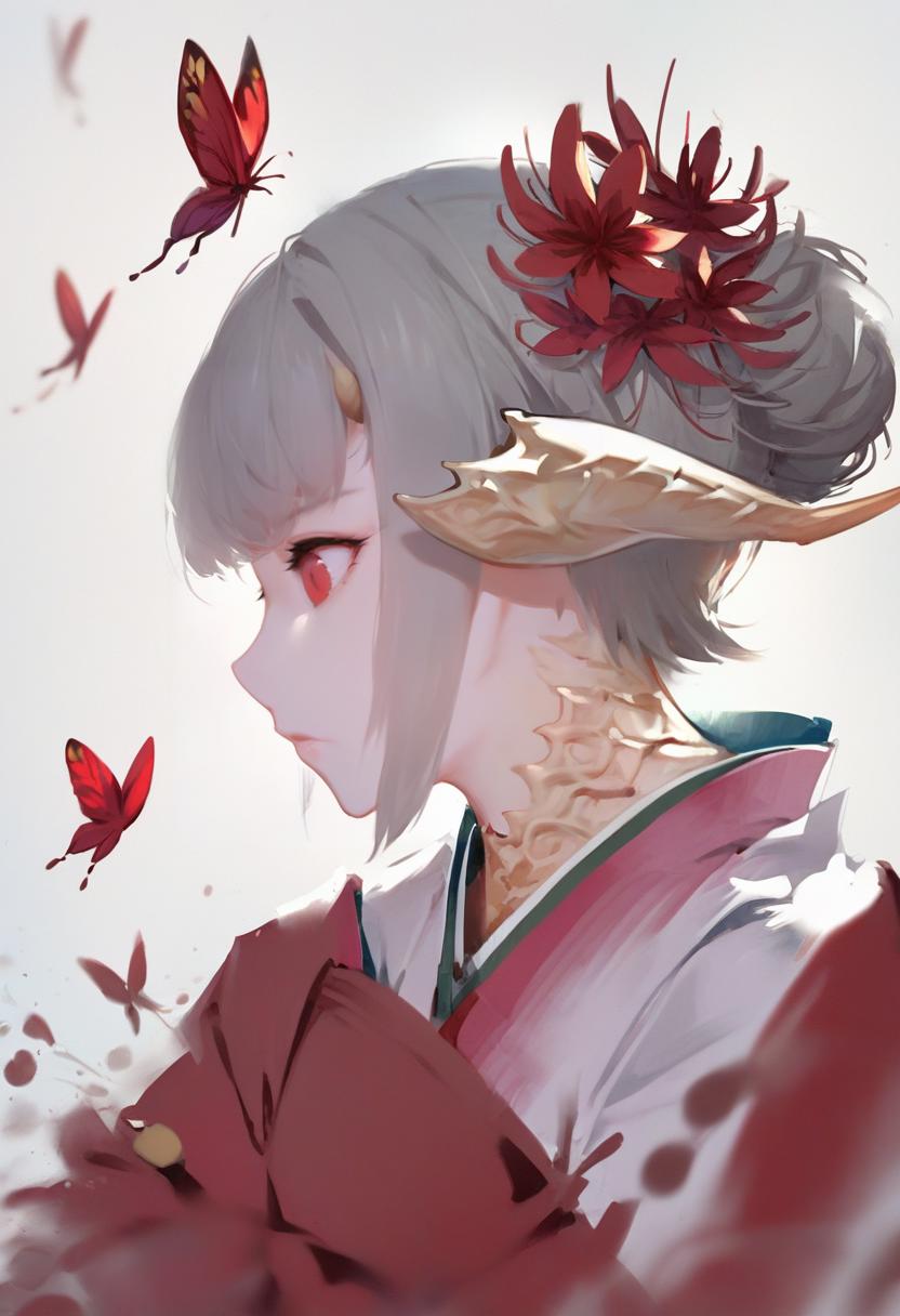Anime girl with a red flower in her hair and a butterfly in her hair ...