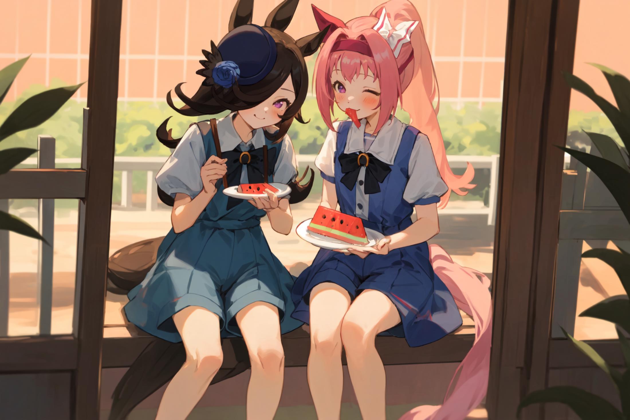 Anime girl sitting on a window sill eating a slice of watermelon ...