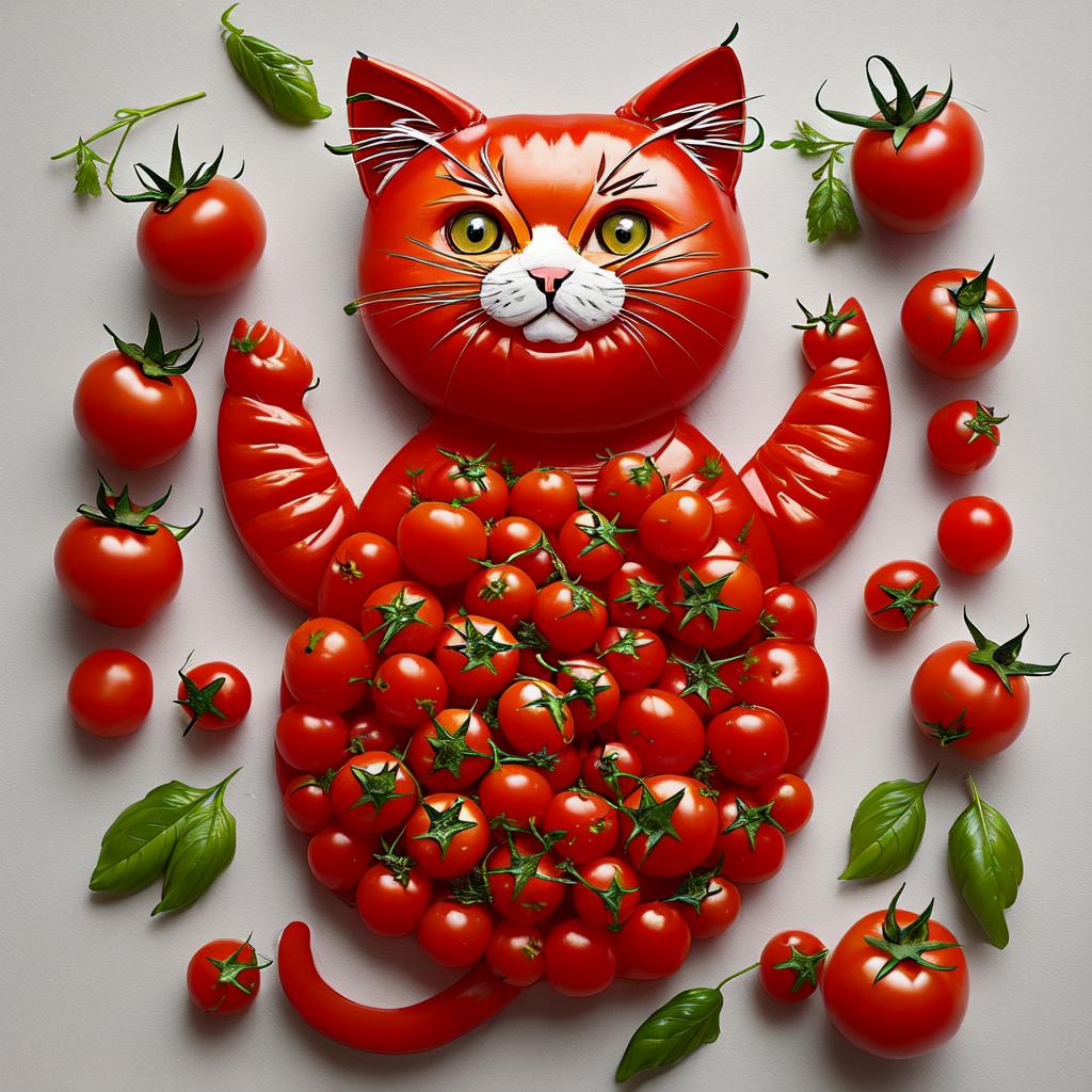 A close up of a cat made out of tomatoes and basil - SeaArt AI