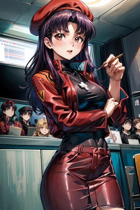 A woman in a red uniform holding a cigarette in a classroom - SeaArt AI