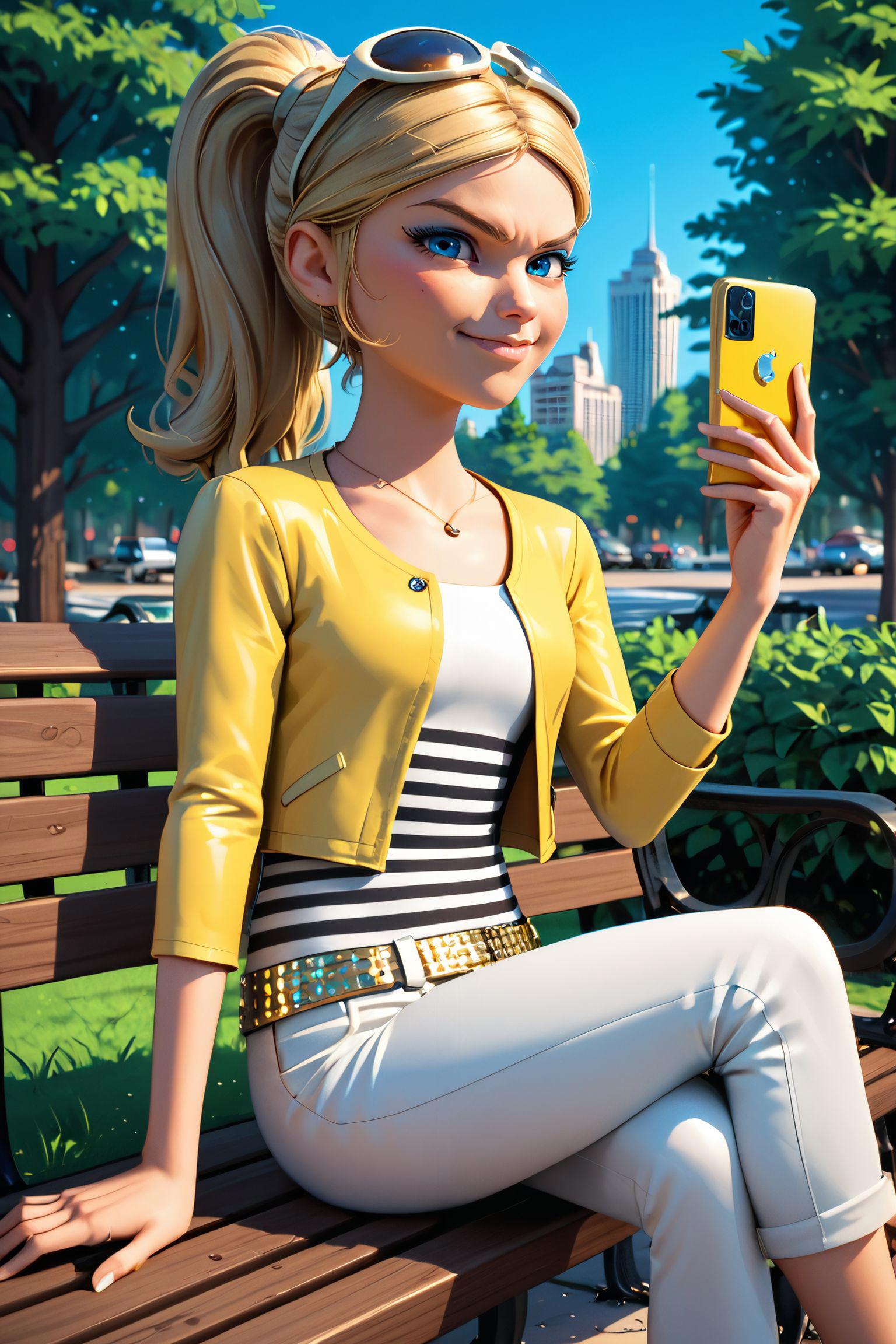 Barbie doll sitting on a bench holding a cell phone - SeaArt AI