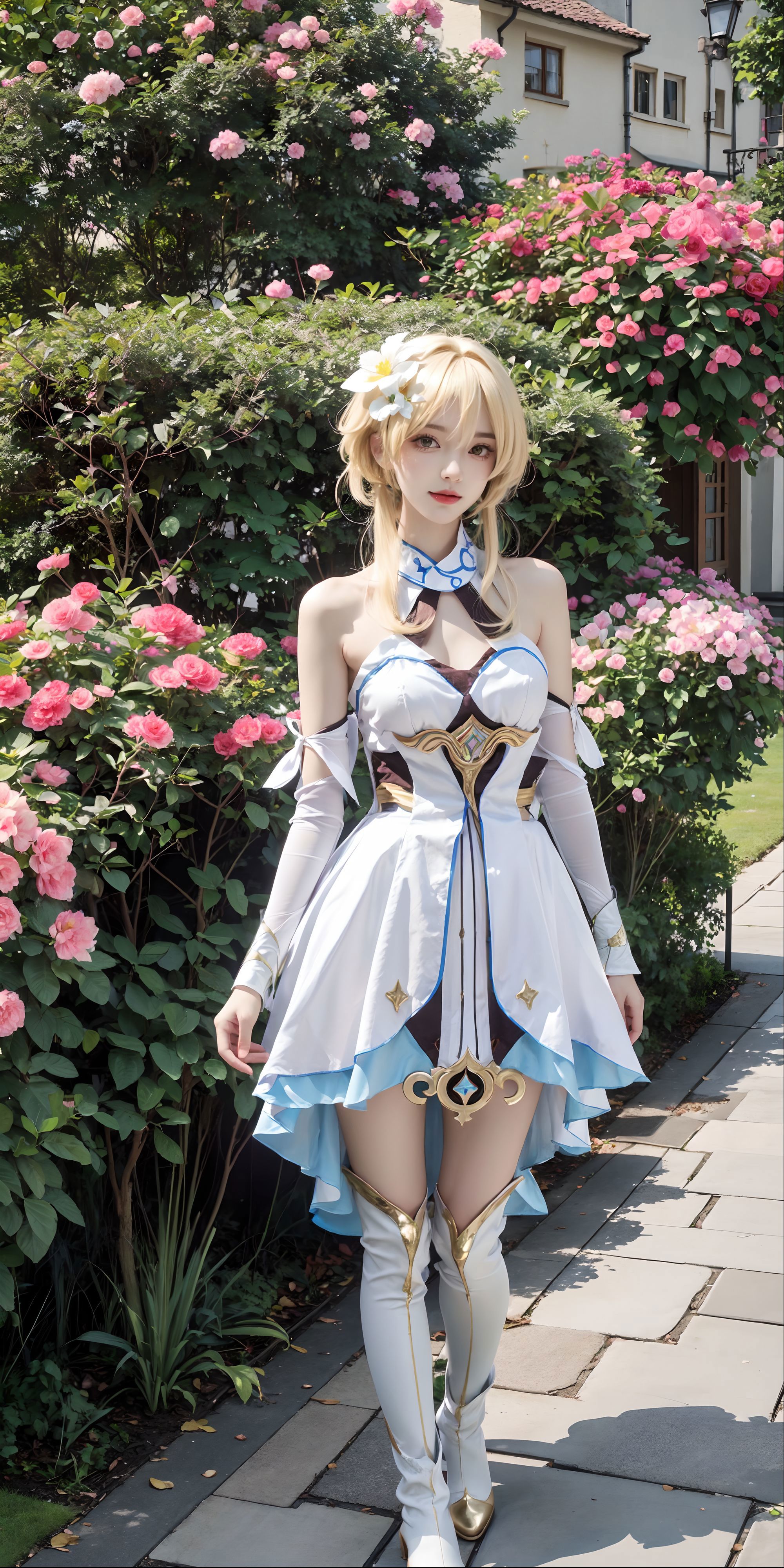 Arafed woman in a white dress and blue dress walking down a sidewalk - SeaArt AI