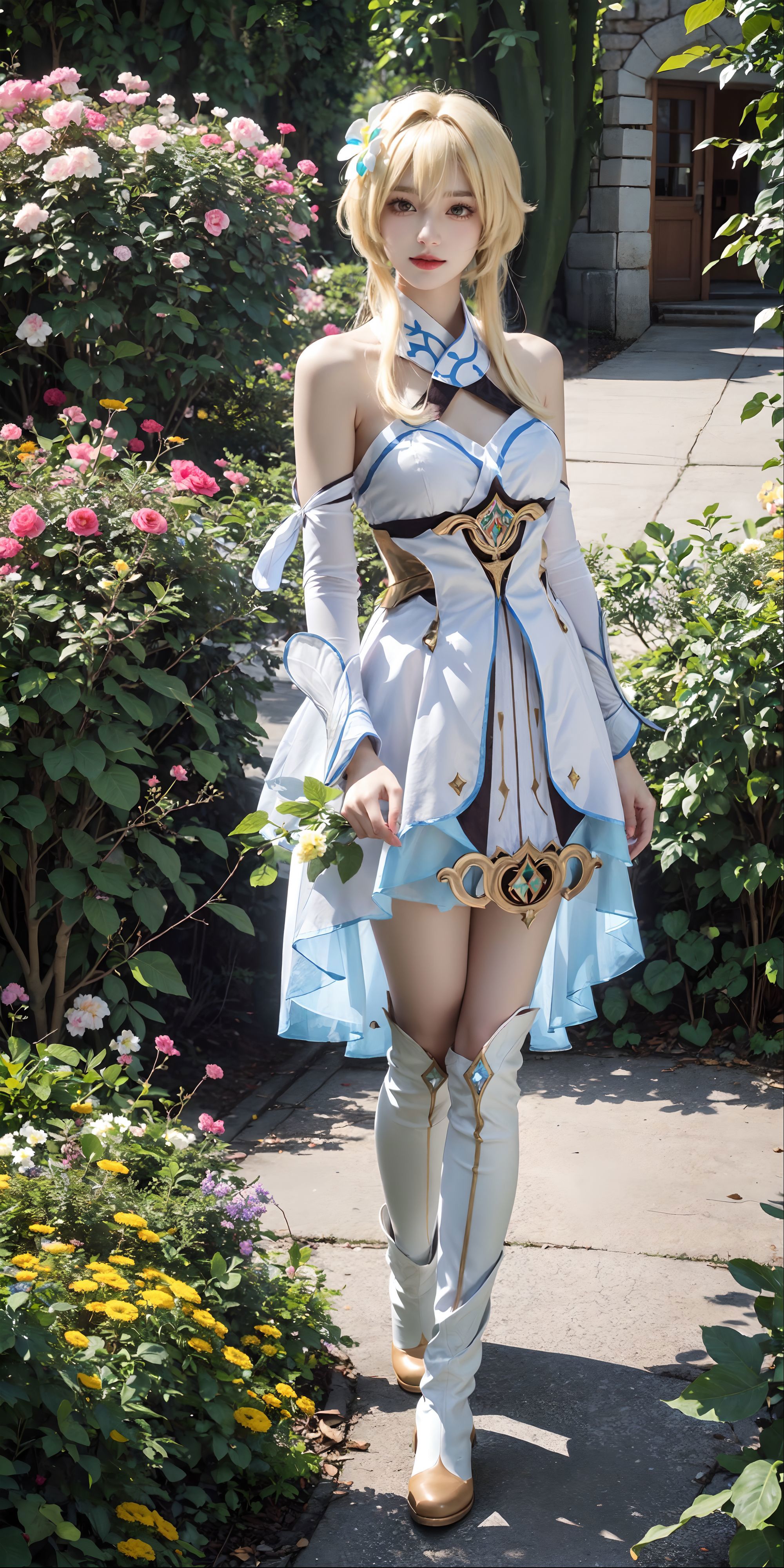 Arafed woman in a cosplay costume walking down a path - SeaArt AI