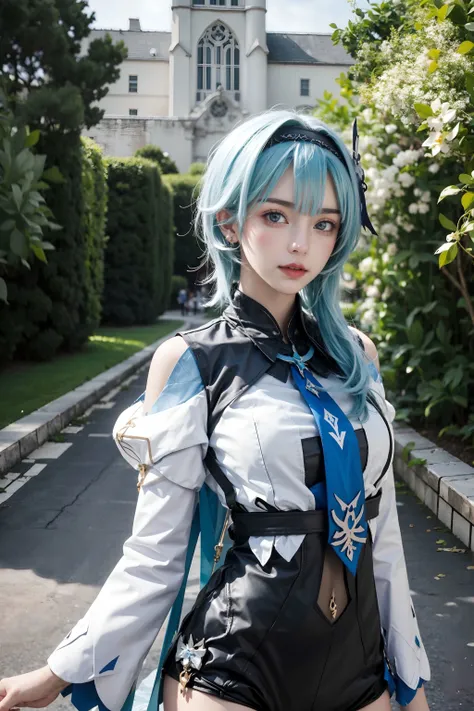 Arafed woman in a short skirt and a blue wig posing for a picture ...