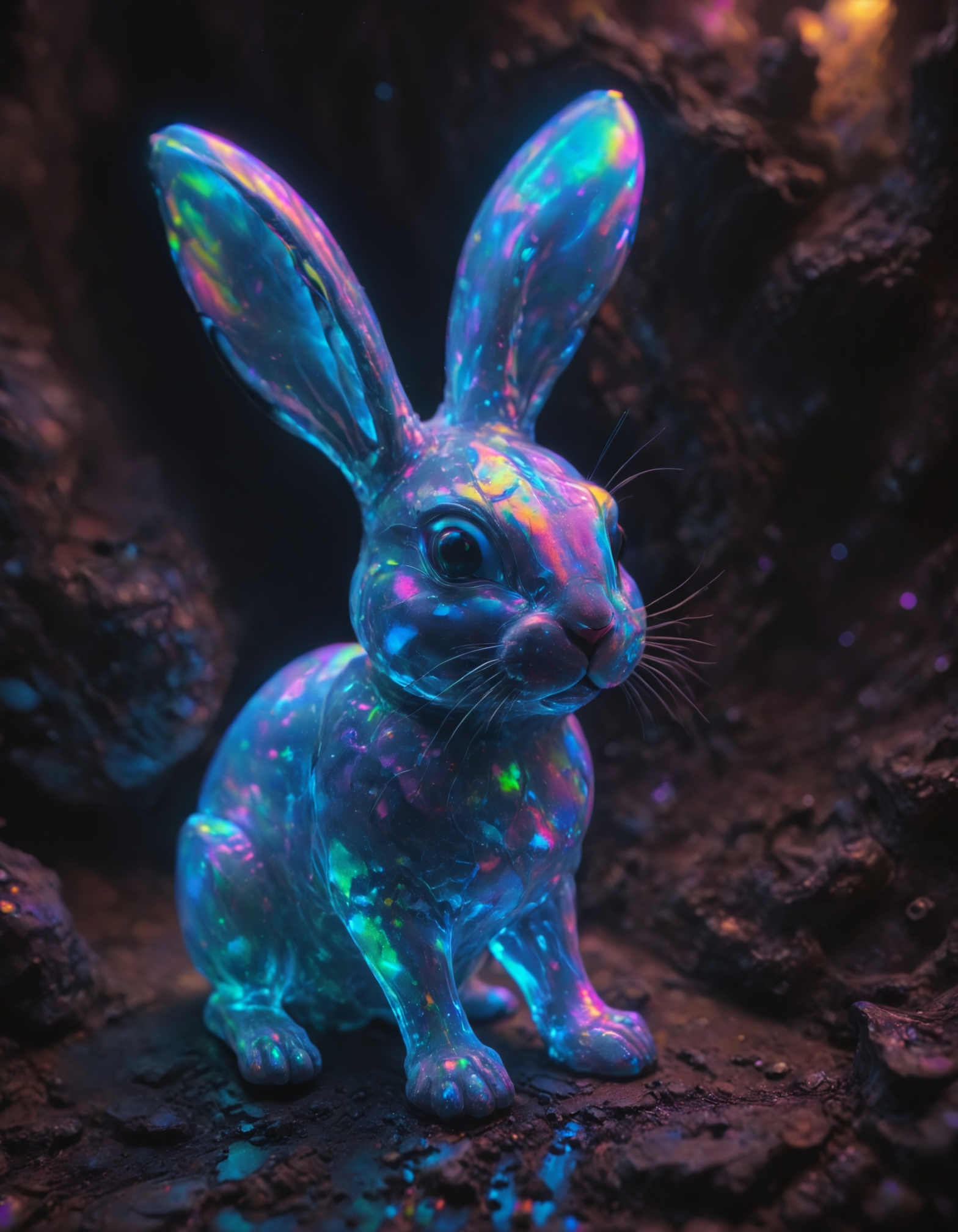 A close up of a rabbit with glowing ears sitting on a black surface ...