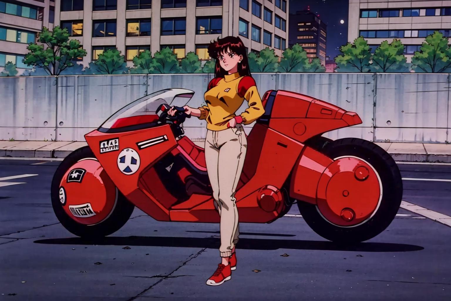 Anime girl standing next to a red motorcycle in a city - SeaArt AI