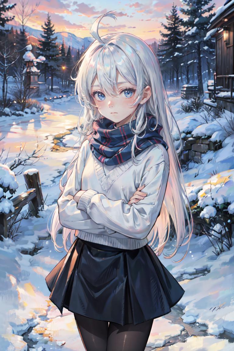 Anime girl in winter clothes standing in front of a cabin - SeaArt AI