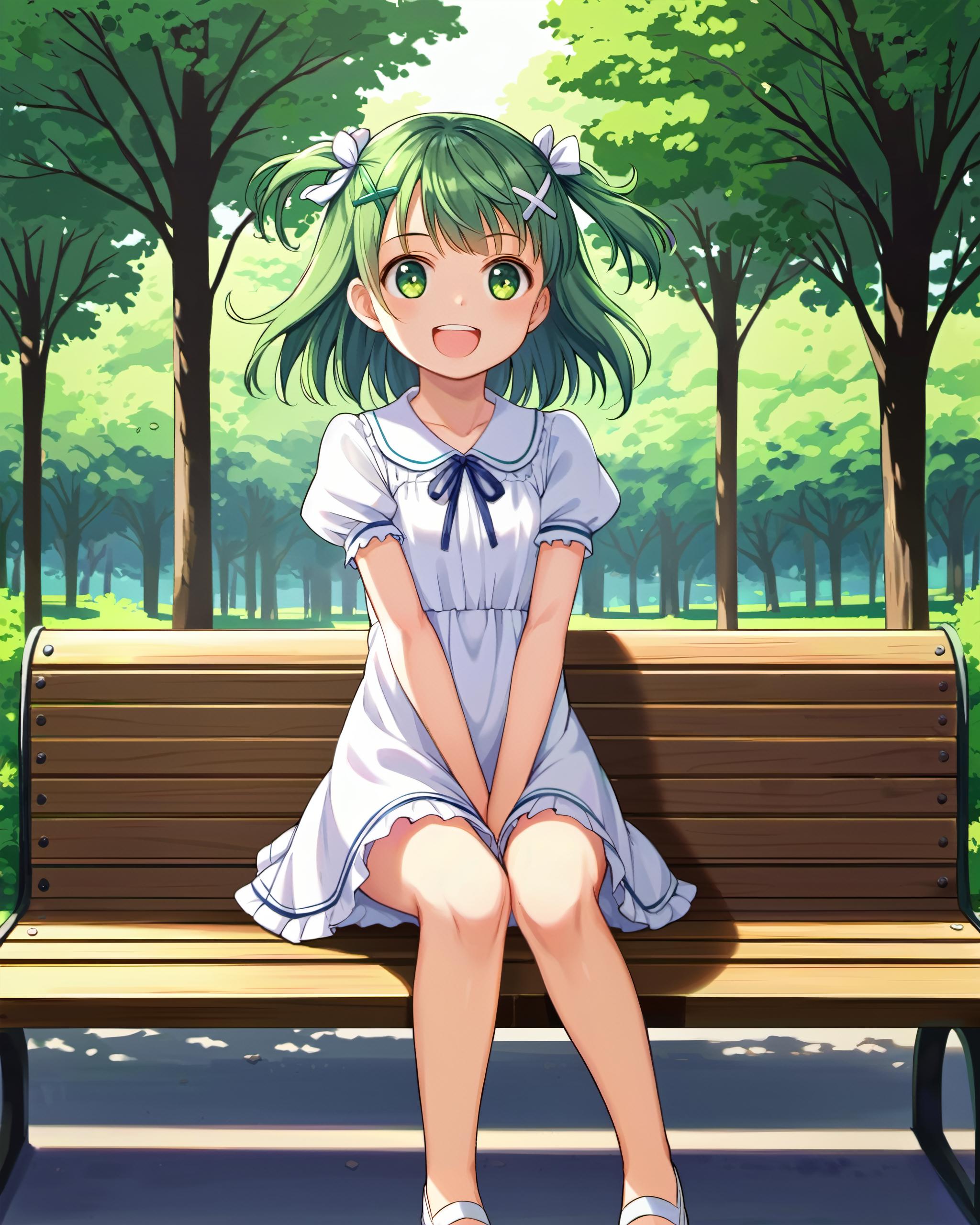 Anime one girl, wet spots on clothes, short green hair, brown skin ...