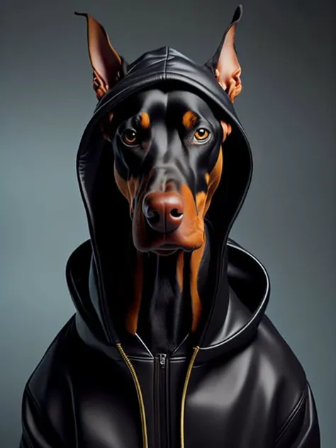 A close up of a dog wearing a leather jacket with a hood - SeaArt AI