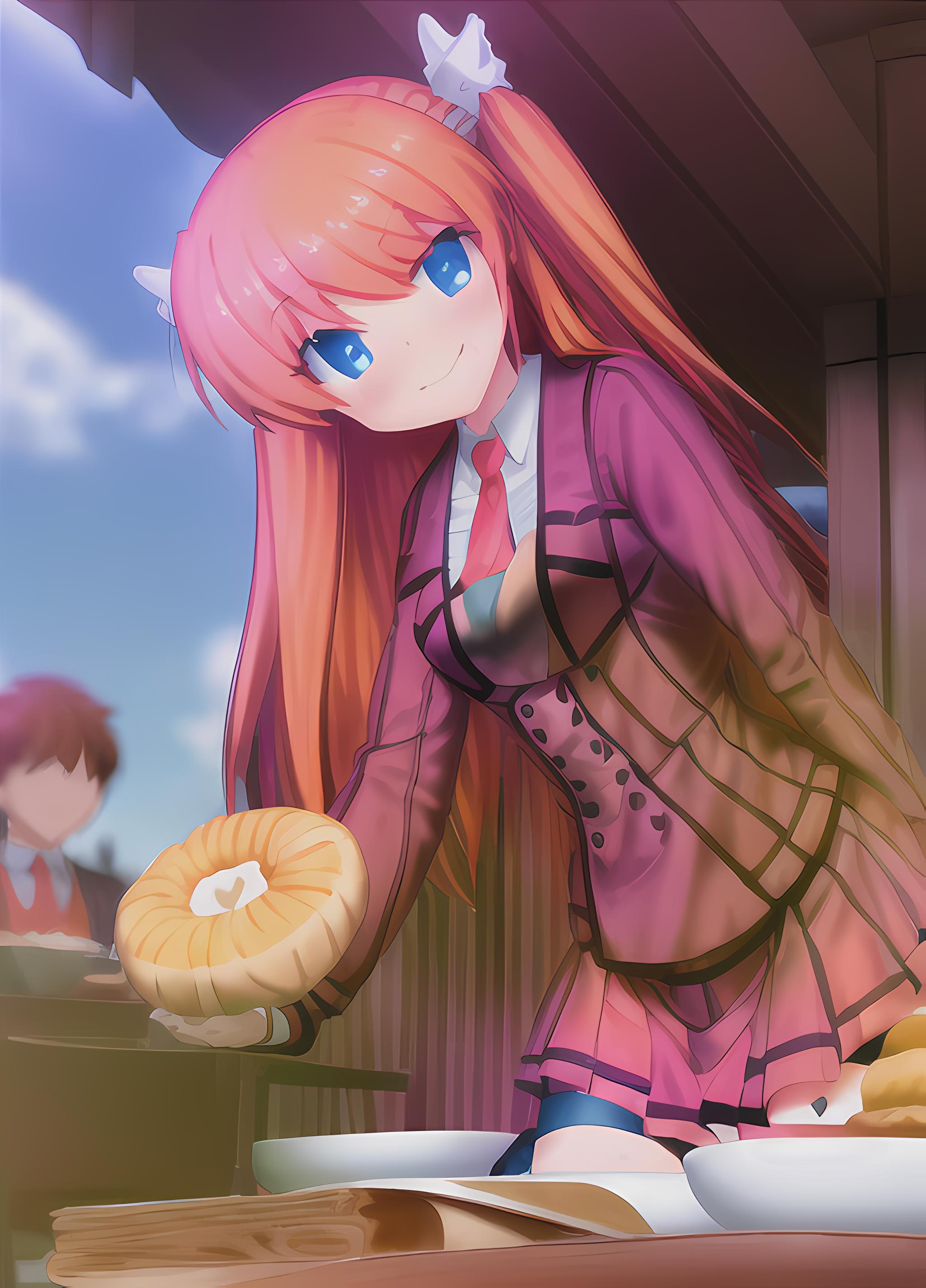 Anime girl with pink hair and blue eyes holding a doughnut - SeaArt AI