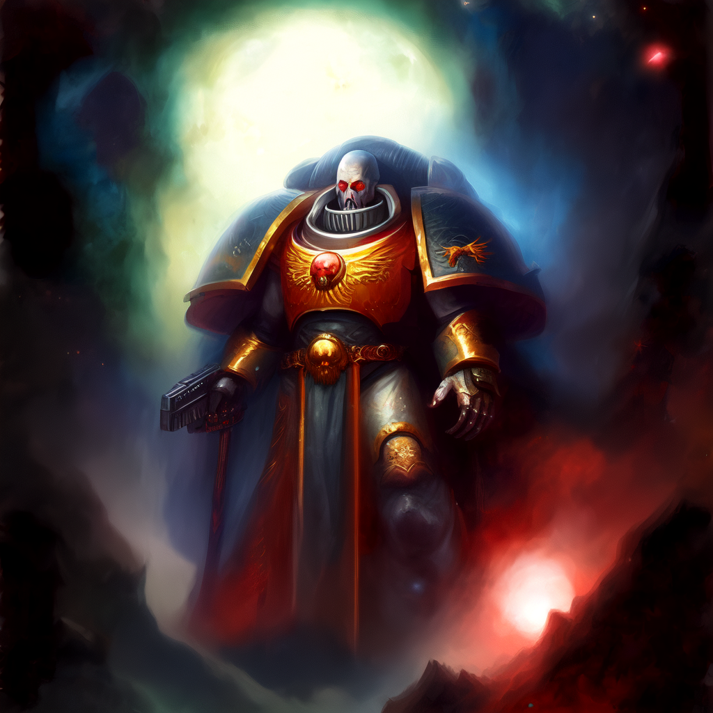 A painting of a space marine with a red light on his chest - SeaArt AI