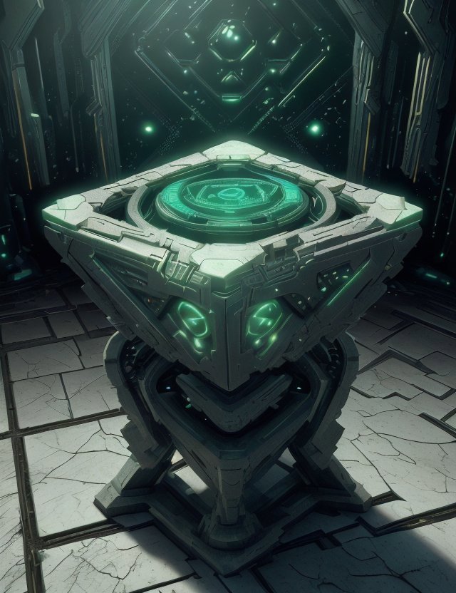 A green and black futuristic object in a dark room - SeaArt AI