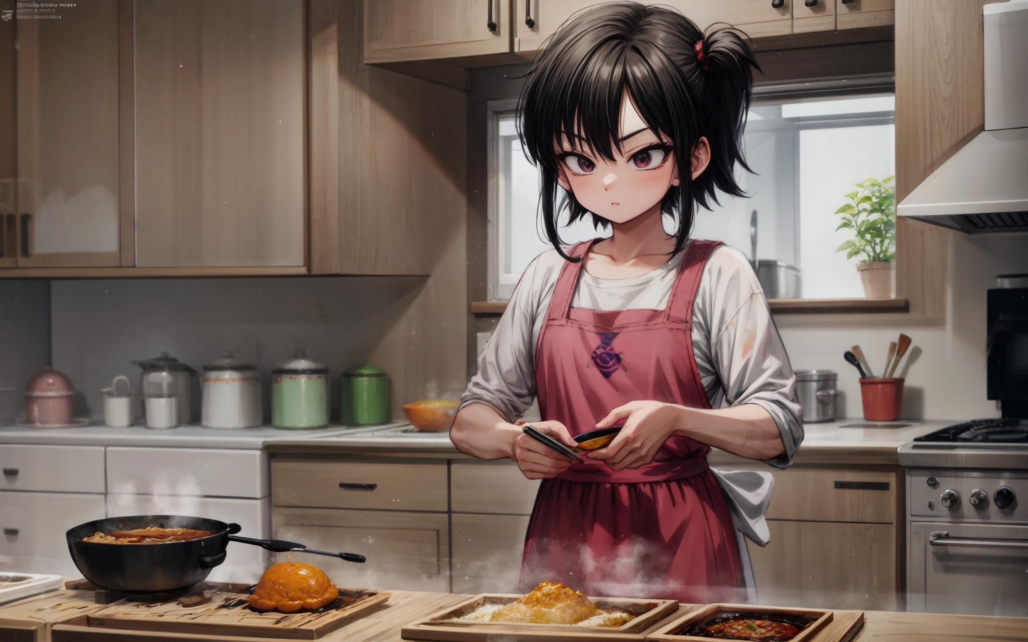 Anime girl in kitchen preparing food with a frying pan - SeaArt AI