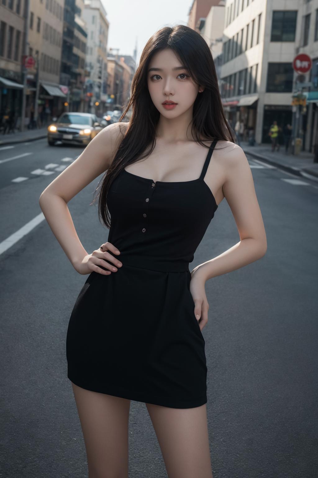 A woman in a black dress standing on a city street - SeaArt AI