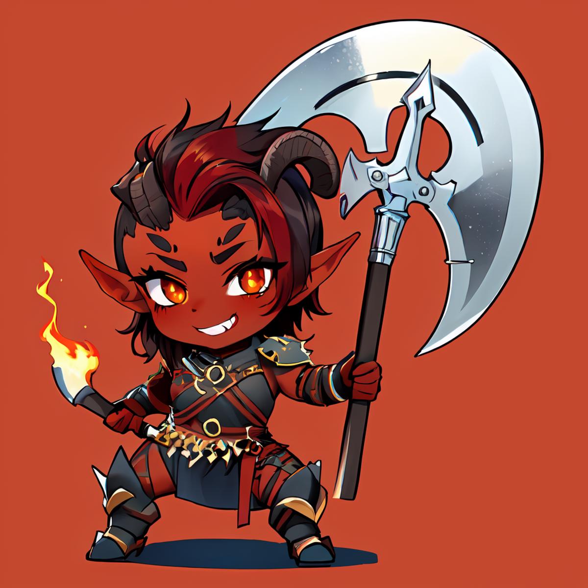 A cartoon image of a demon with a large ax and a fire - SeaArt AI