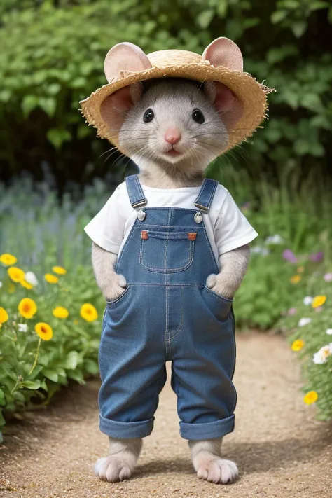 There is a small mouse wearing a straw hat and overalls - SeaArt AI