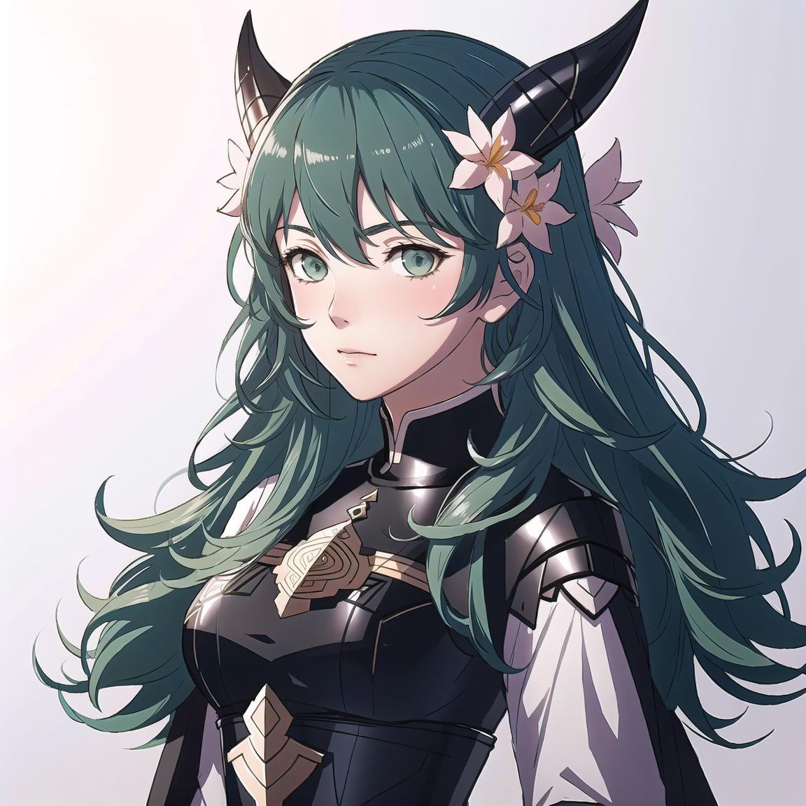 Anime girl with green hair and horns and a flower in her hair - SeaArt AI