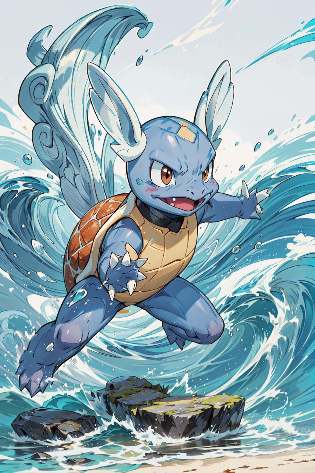 A cartoon of a blue and white pokemon character running through a wave ...