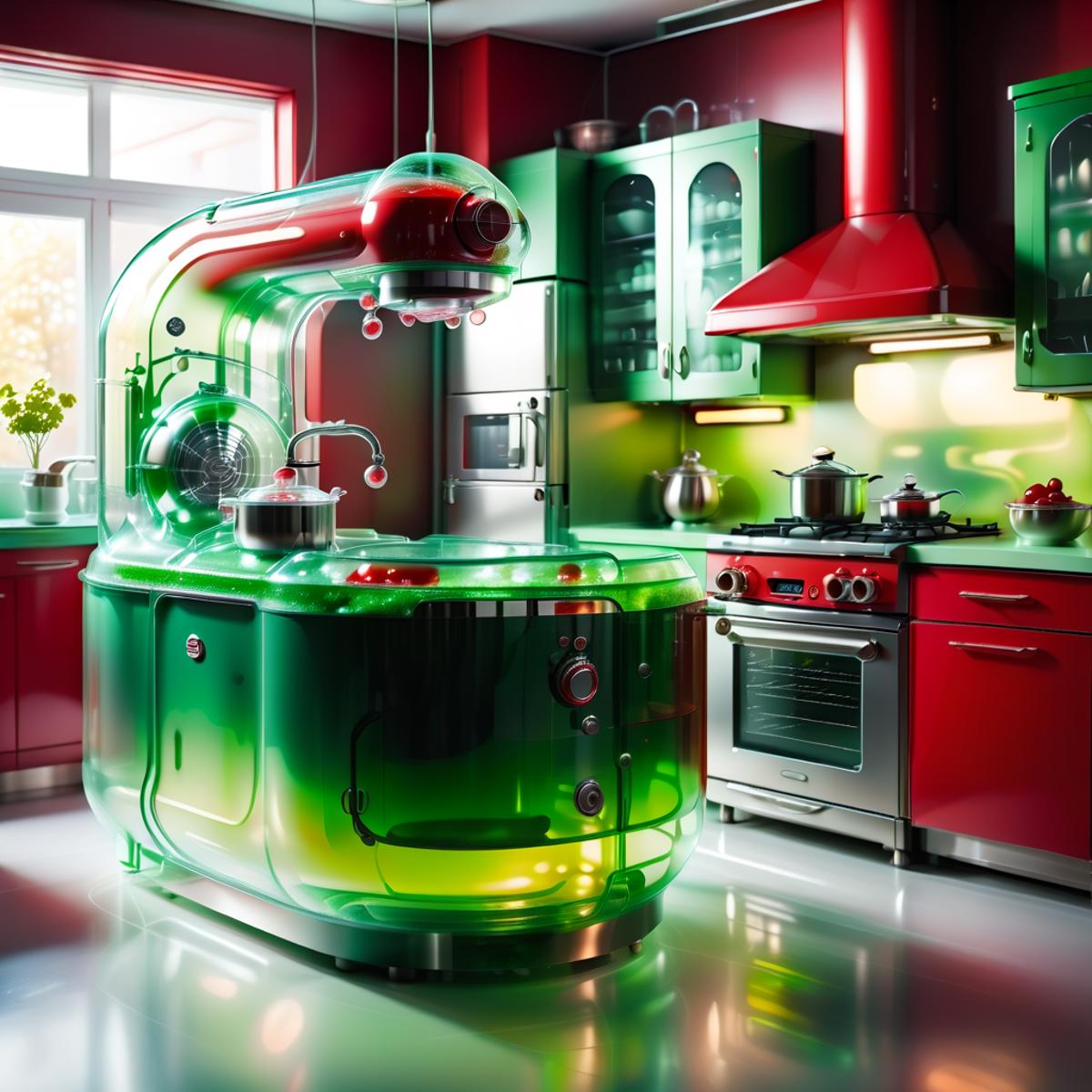 There is a green and red kitchen with a sink and stove - SeaArt AI