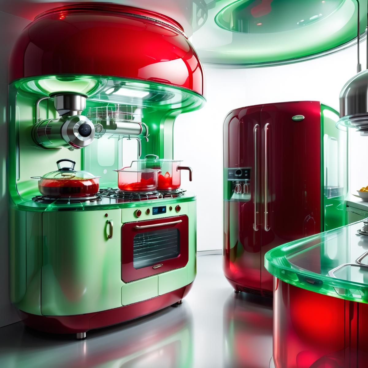 There is a green and red kitchen with a red refrigerator - SeaArt AI