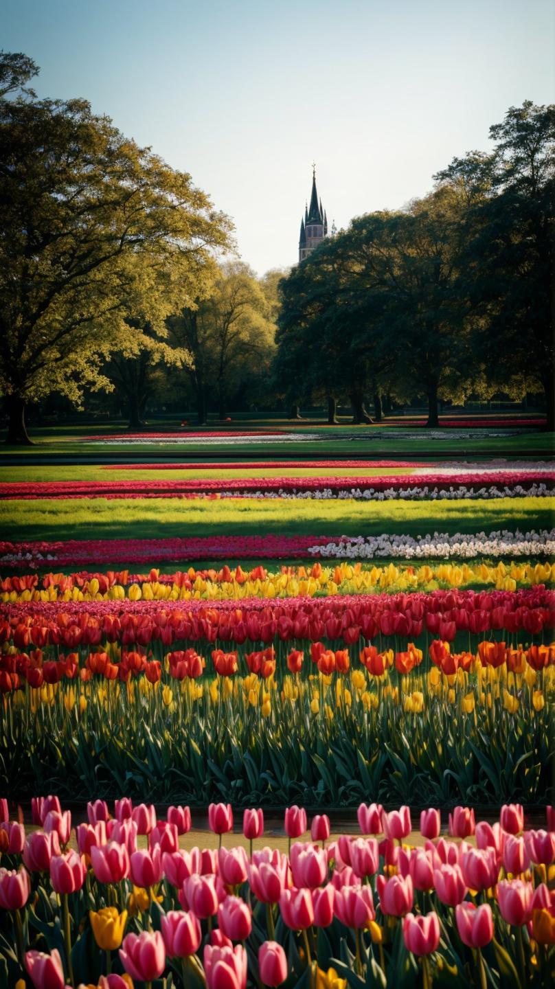 A view of a field of tulips with a church in the background - SeaArt AI