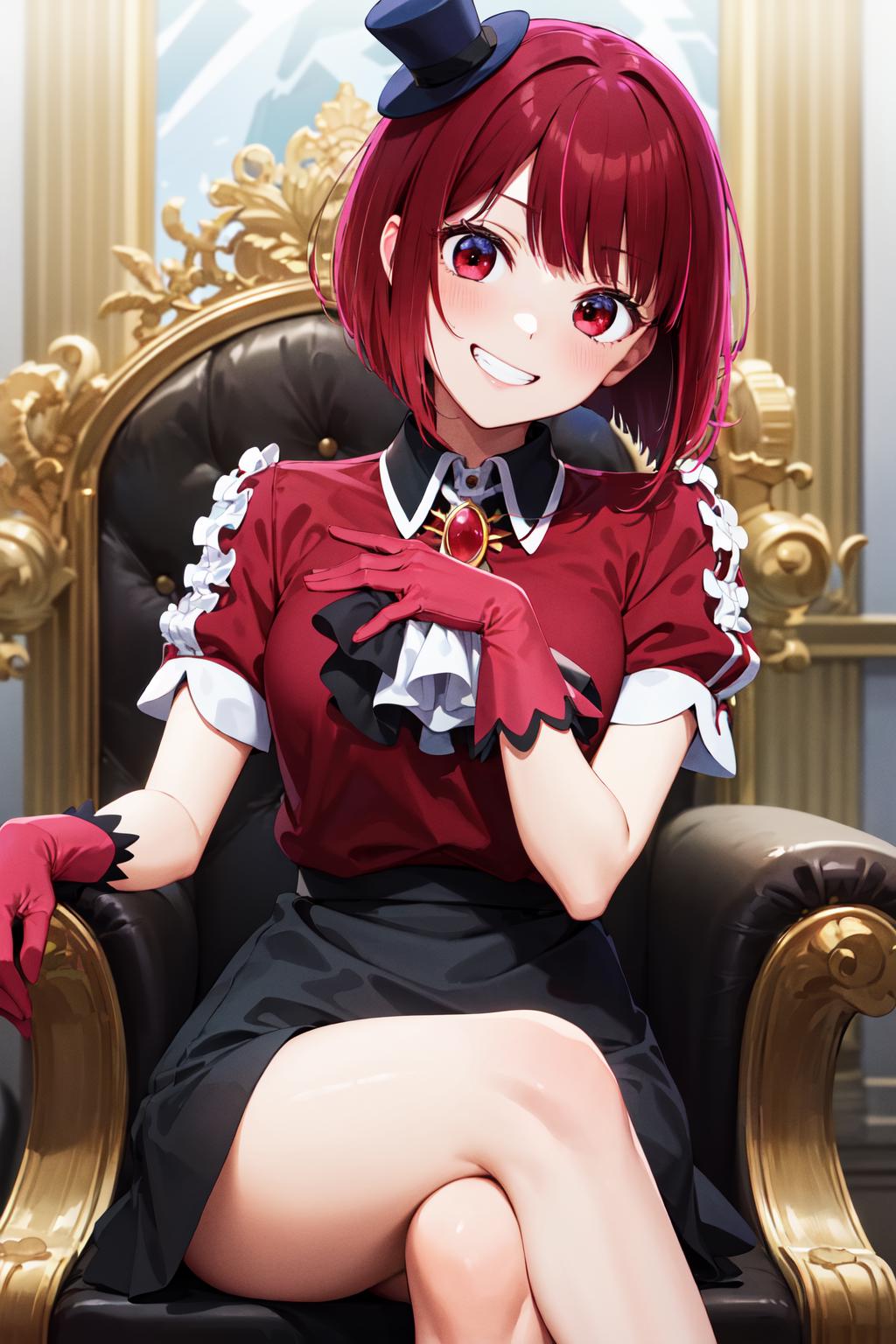 Anime girl sitting in a chair with a red shirt and black skirt - SeaArt AI