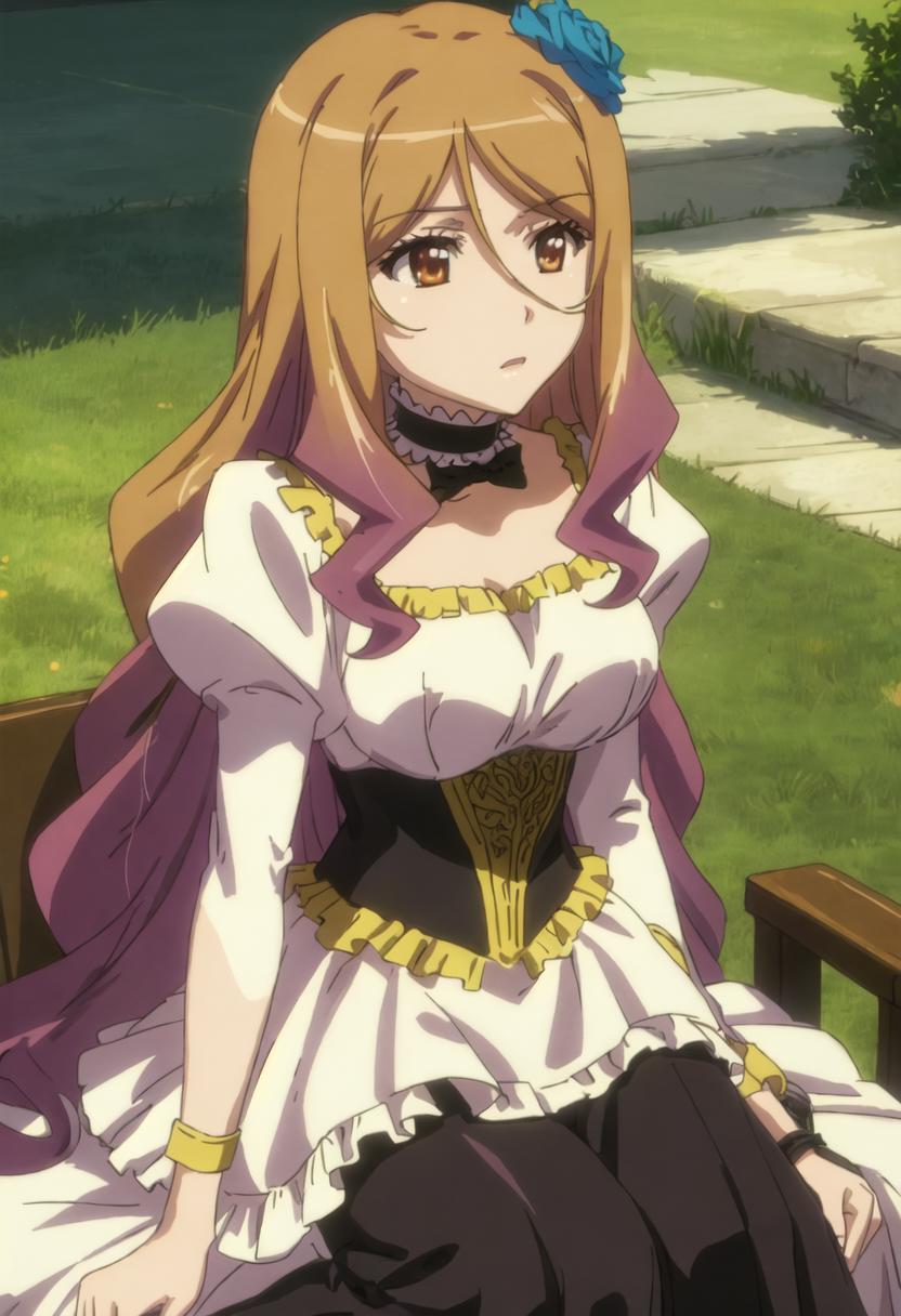 Anime girl sitting on a bench in a park with a blue flower in her hair ...