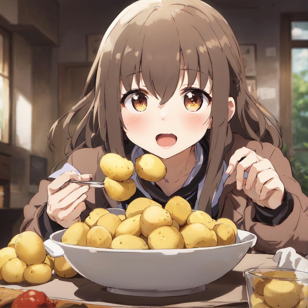 Anime girl eating a bowl of potatoes with a fork - SeaArt AI