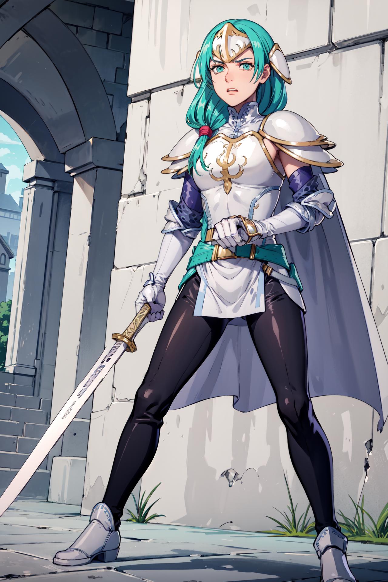 A woman in a white and blue outfit holding a sword - SeaArt AI
