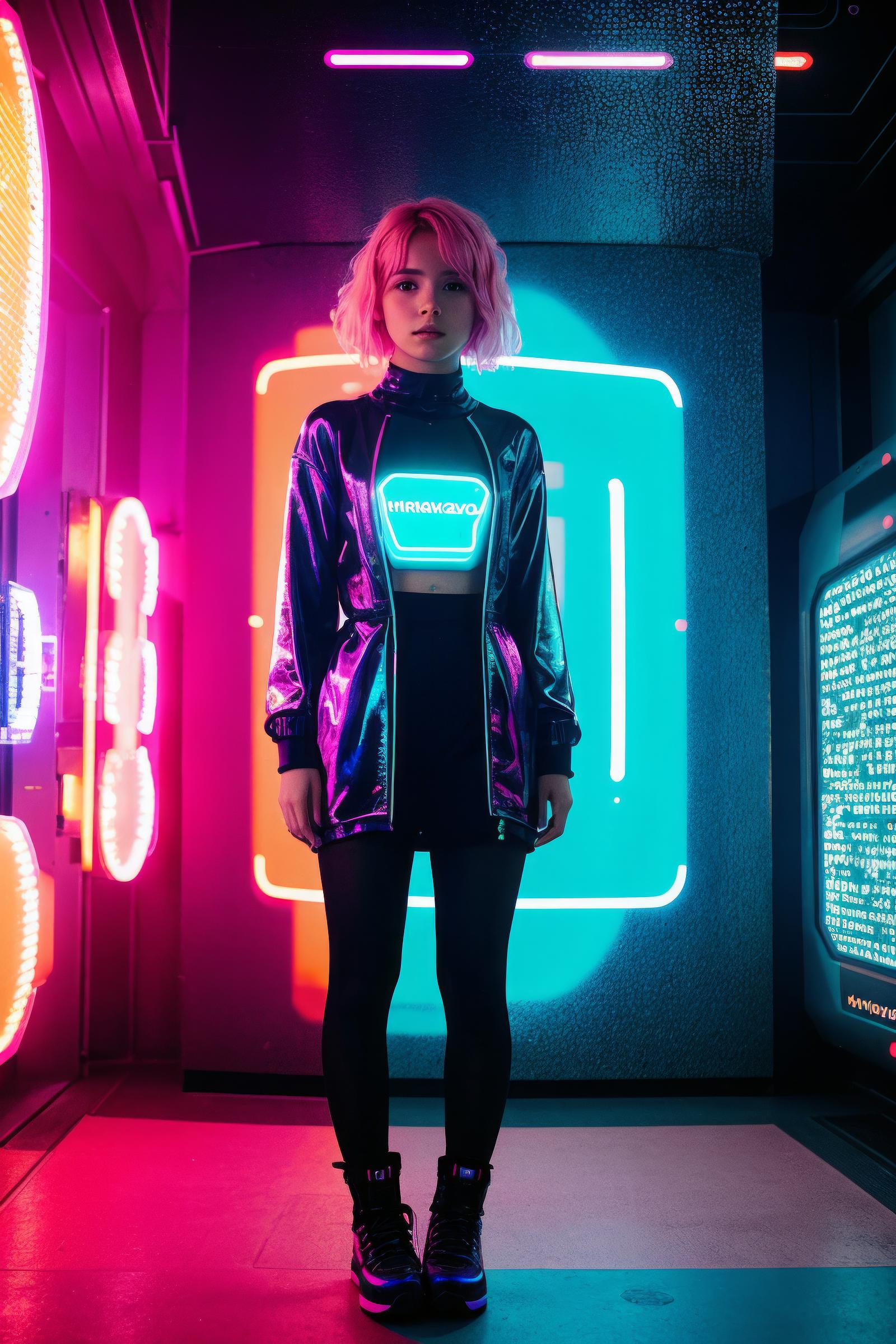 A woman in a neon jacket standing in front of neon signs - SeaArt AI