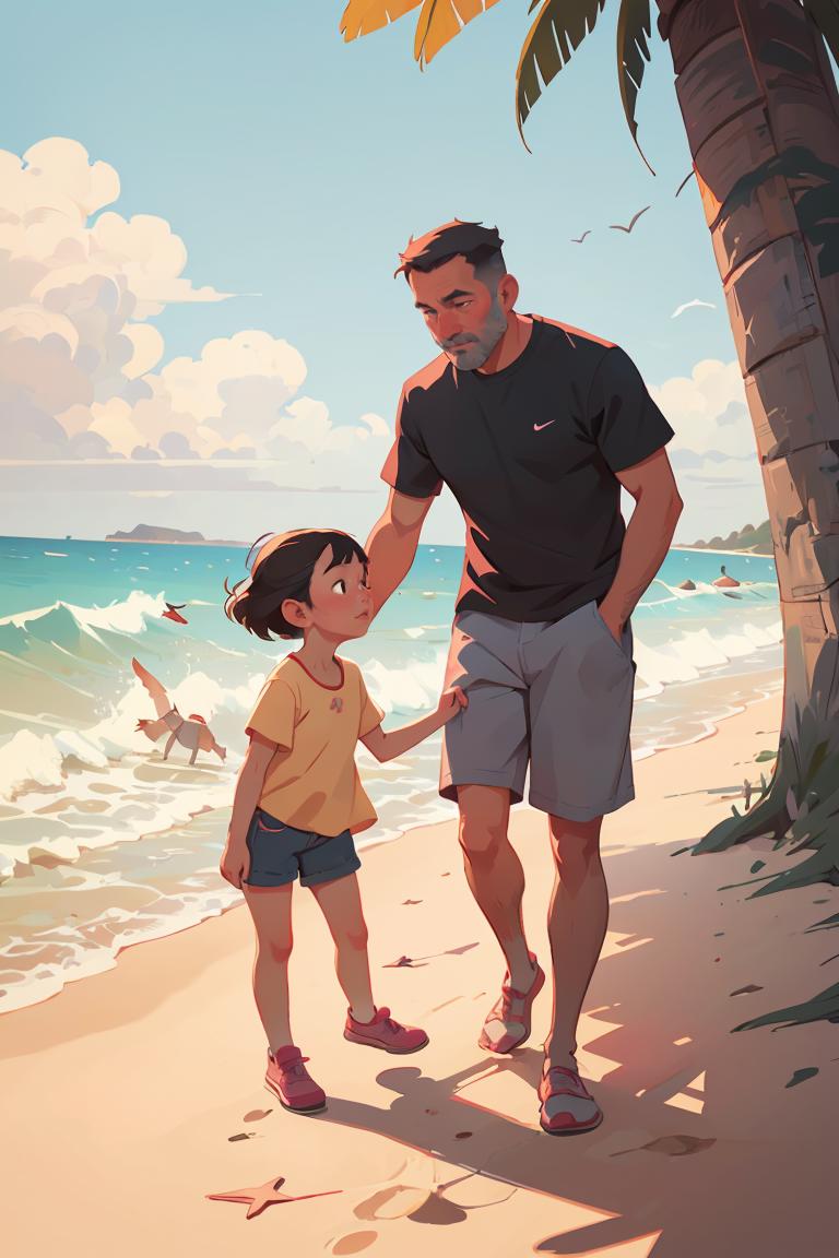 A man and a child on a beach near the ocean - SeaArt AI