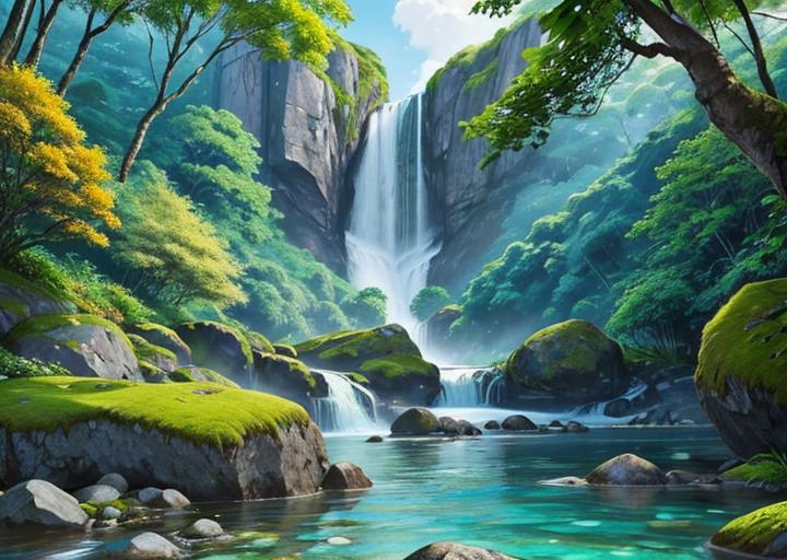 A painting of a waterfall in a forest with rocks and trees - SeaArt AI