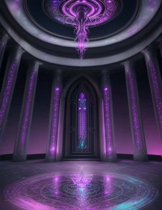 A purple and blue light shines in a dark room with columns - SeaArt AI
