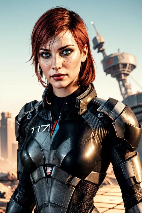 A close up of a woman in a futuristic suit standing in front of a city - SeaArt AI