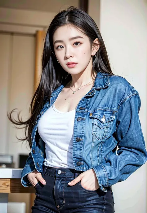 A woman in a white shirt and black jeans posing for a picture - SeaArt AI